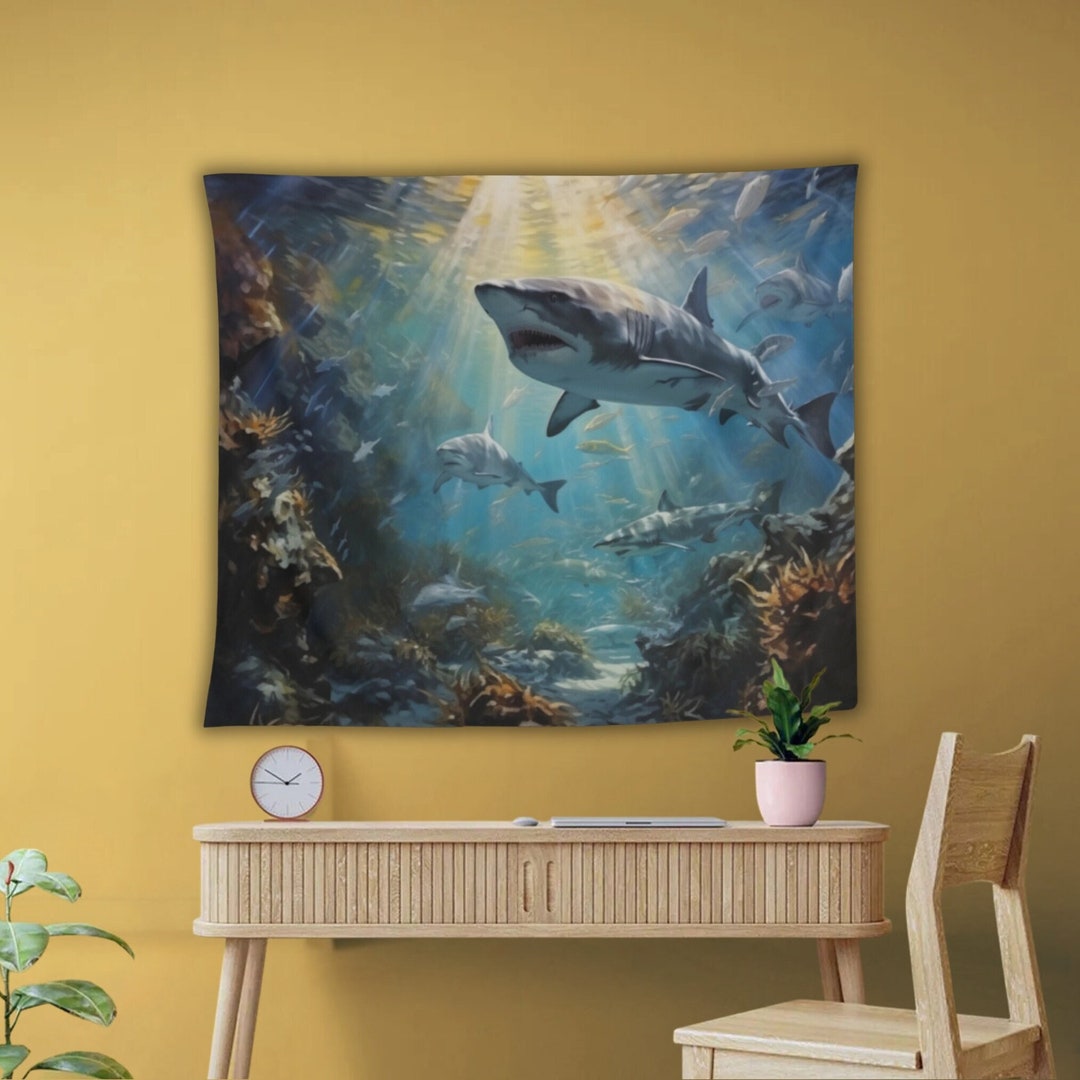 Shark Tapestry Ocean Adventure Painting Thrilling Underwater - Etsy