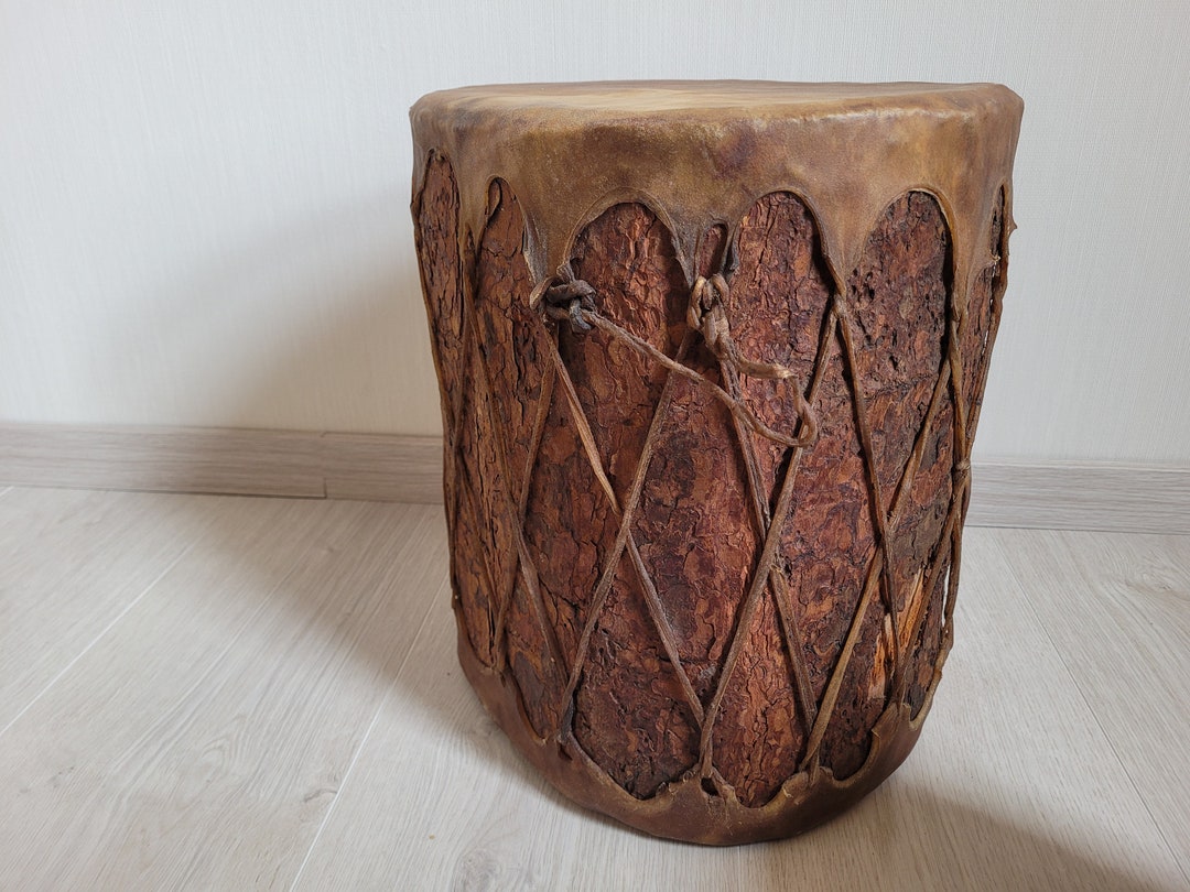 Tree Trunk Drum With Bark and Rawhide 37 Cm High Musical Instrument ...