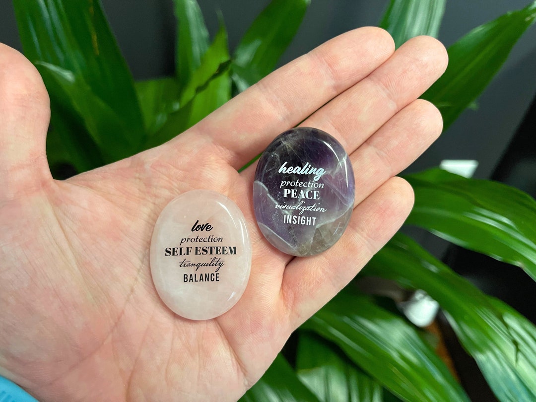 Natural Crystal Worry Stone With Printed Properties, Amethyst and Rose ...