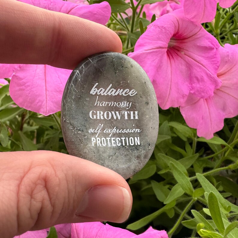 Natural Crystal Worry Stone With Printed Properties, Labradorite ...