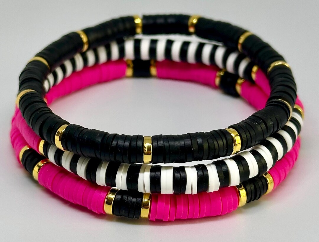 Black and Hot Pink Bracelet Set, Stacking Bracelets, Custom Bracelets ...