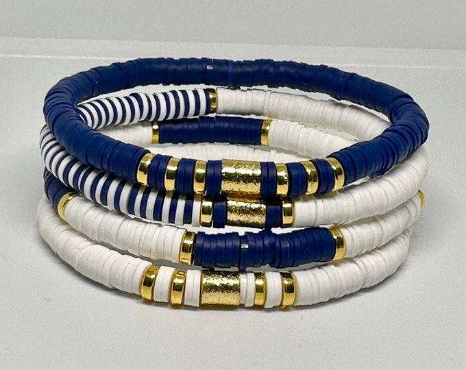 Navy Blue and White Bracelet Set, Boho Bracelets, Heishi Bracelets ...