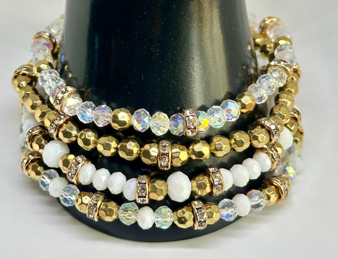 White & Gold Beaded Bracelet Stack, Frost Polka Dot Stanley Cup Bracelet Stack - Etsy