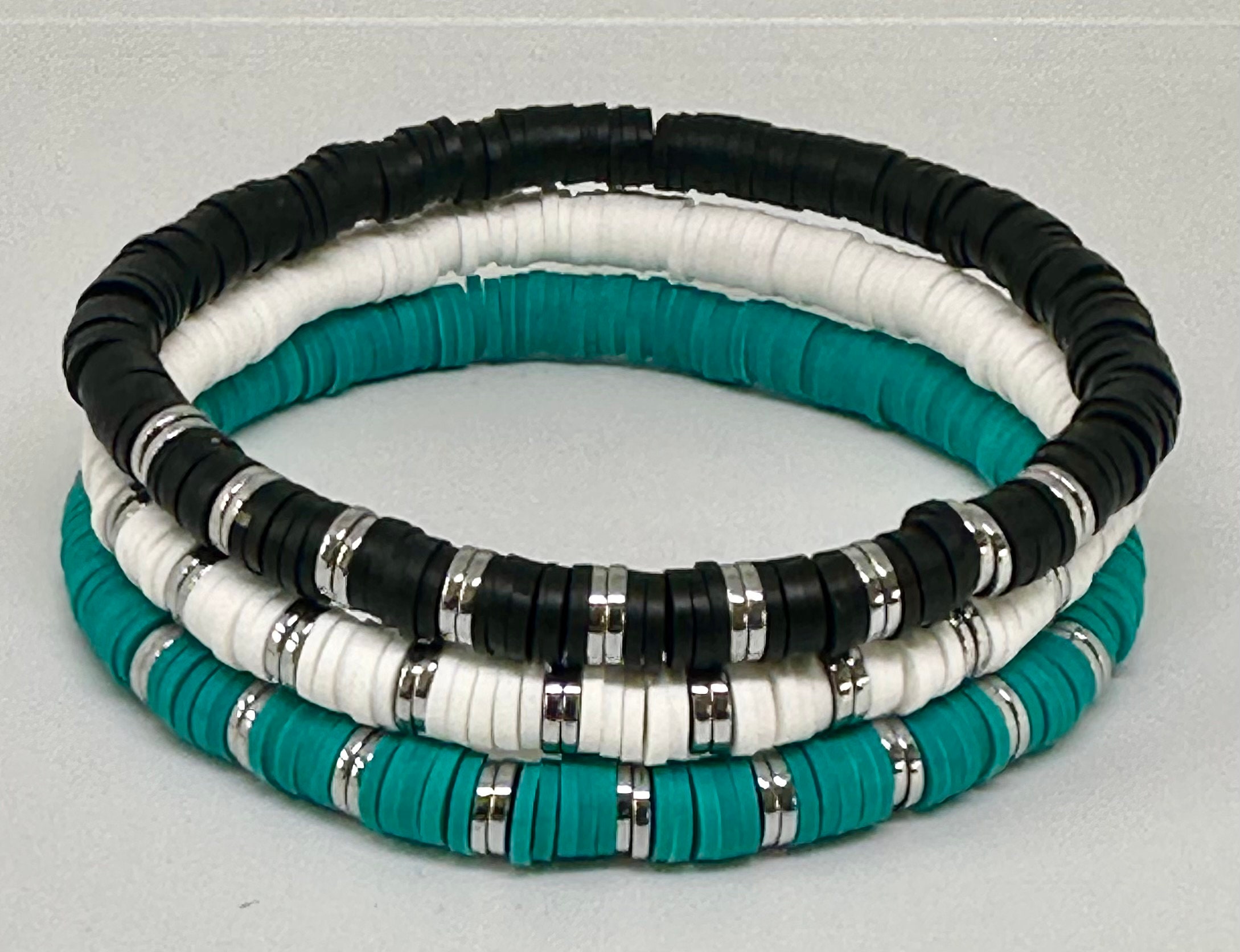 Teal Black and White Heishi Bracelet Set, Game Day Stacking Bracelets ...