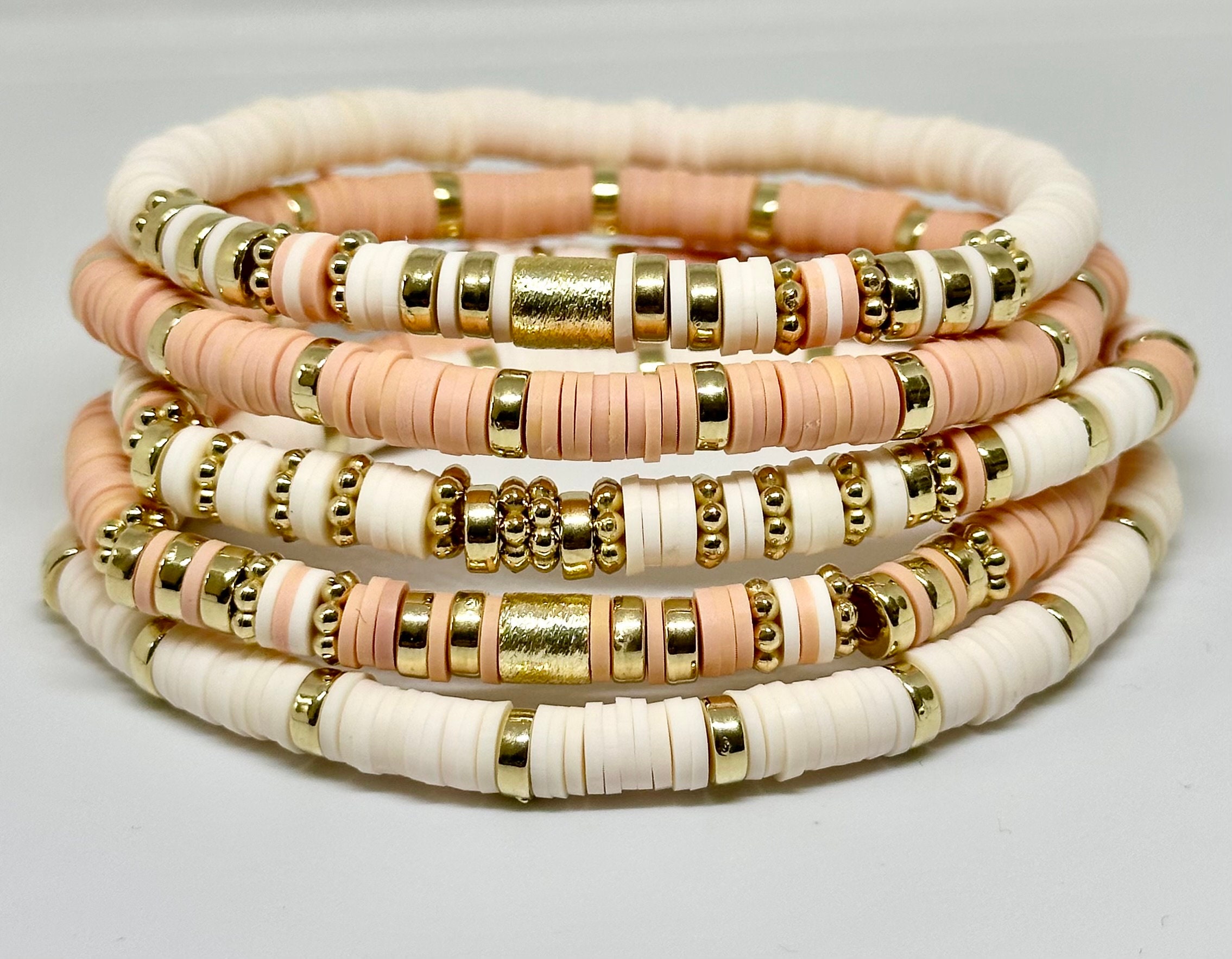 Peach and Cream Bracelet Set, Beaded Bracelets, Stacking Bracelets ...