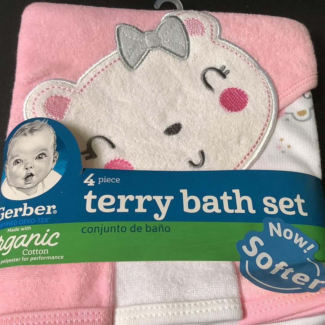 Organic Cotton Gerber 4 Pc Terry Bath Set - Hooded Towel & 3 Washcloths ...