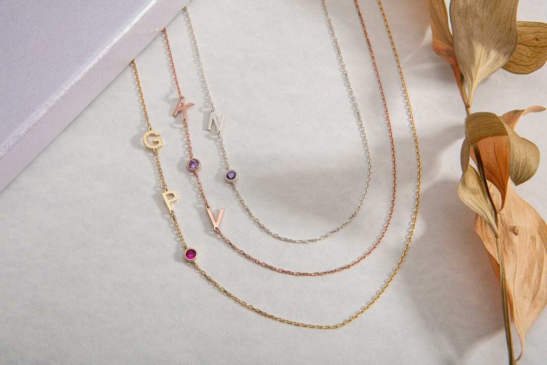 14K Gold Letter Birthstone Necklaces, Sideways Initial Necklace With ...