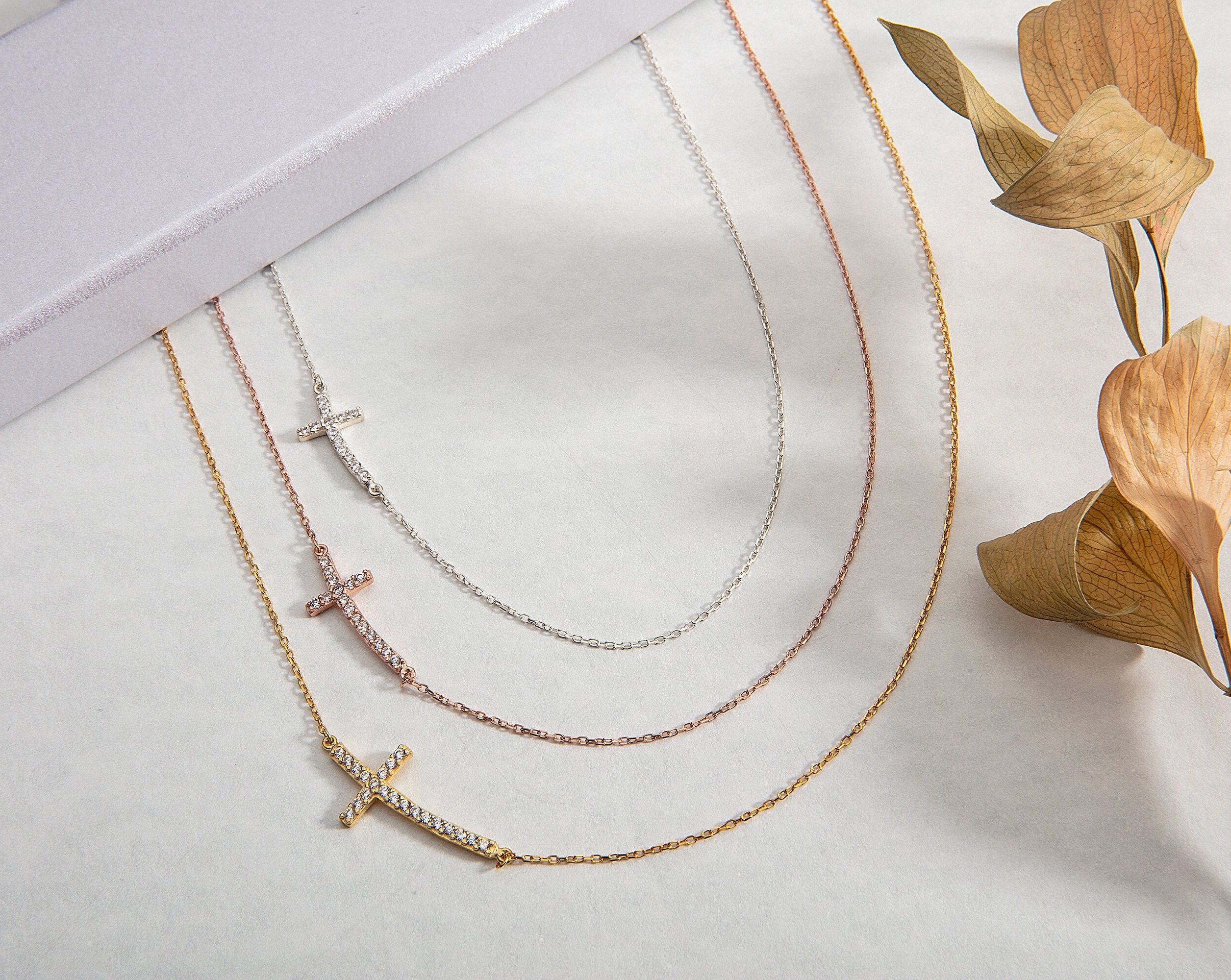 Curved Sideways Cross Necklaces, 14K Gold Curved Cross Necklace, Zircon ...