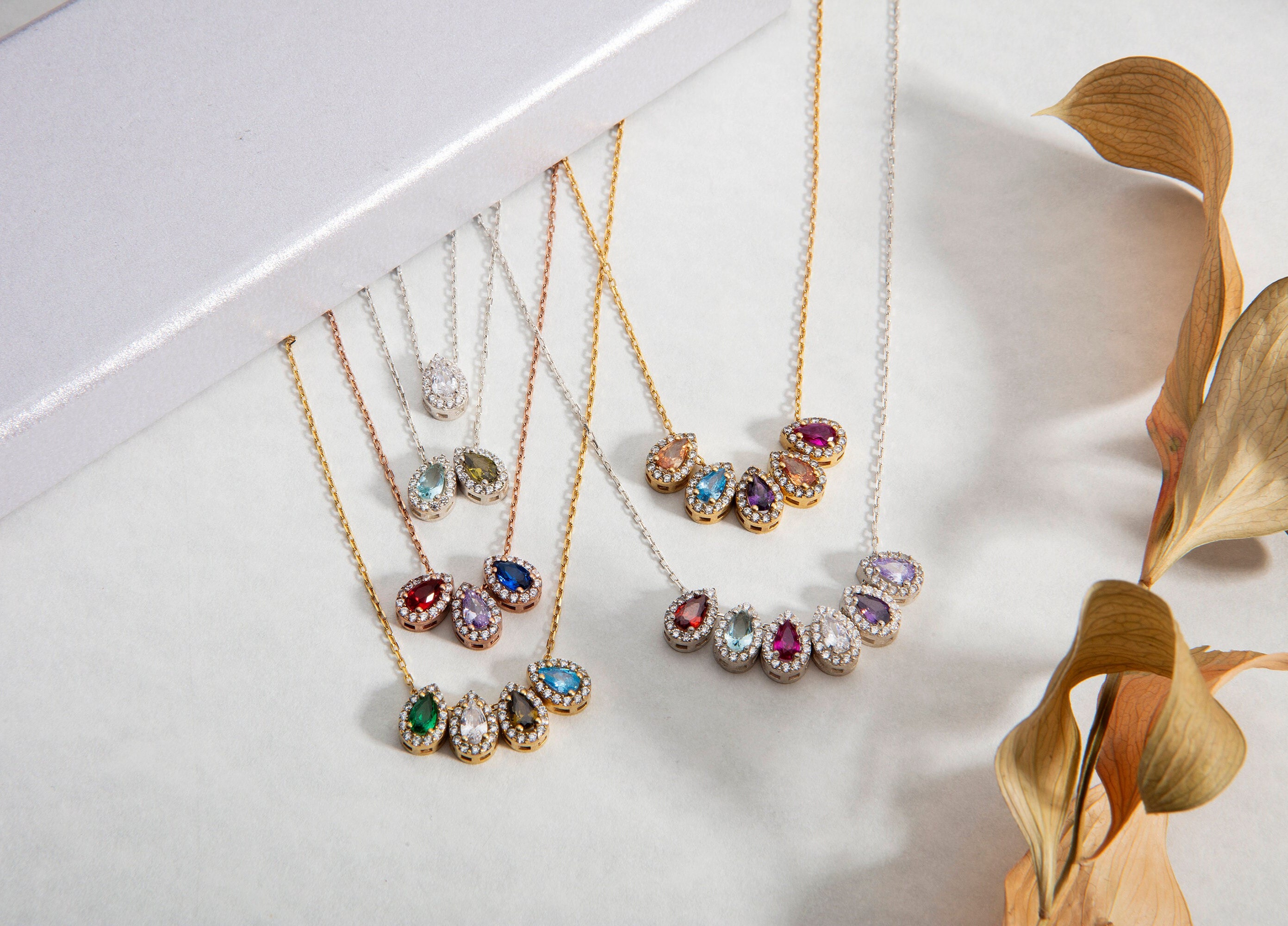 14K Teardrop Birthstone Necklace for Mother, Silver Pear Birthstone ...