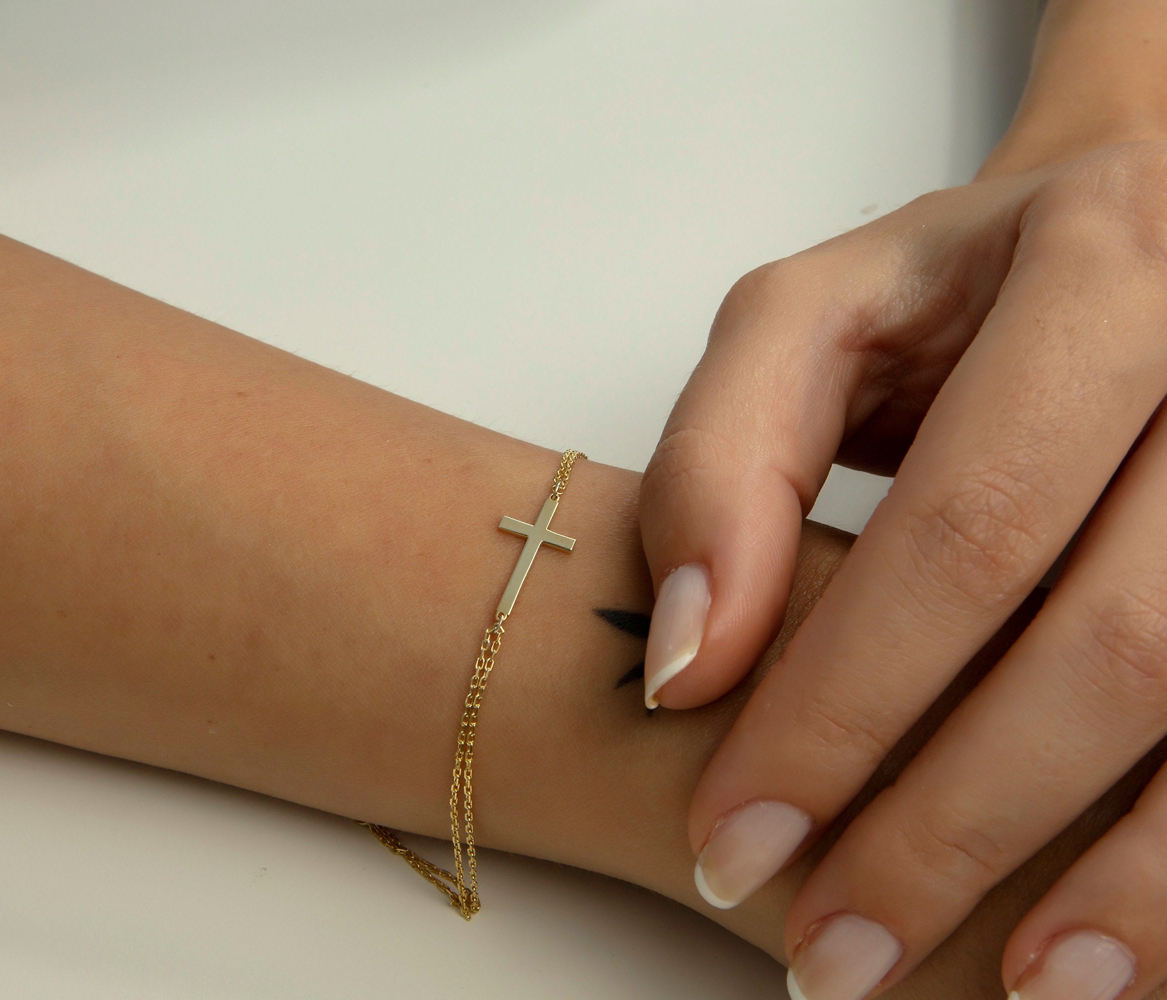 14K Gold Cross Bracelet for Women, Sterling Silver Crucifix Bracelet ...