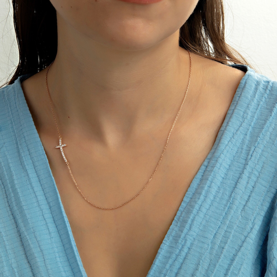 Curved Sideways Cross Necklaces, 14K Gold Curved Cross Necklace, Zircon ...