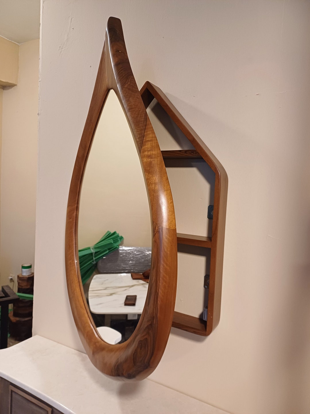 Custom Design Mirror | Hidden Cabinet Walnut Wooden Mirror Teardrop - Etsy
