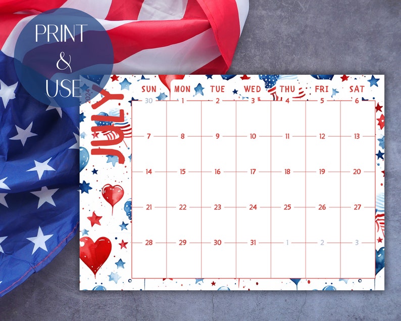 July 2024 Calendar Printable Fillable Fourth of July Calendar Summer ...
