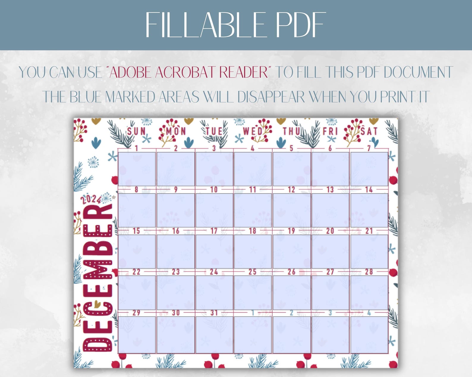 December 2024 Calendar Printable Fillable December Calendar December ...