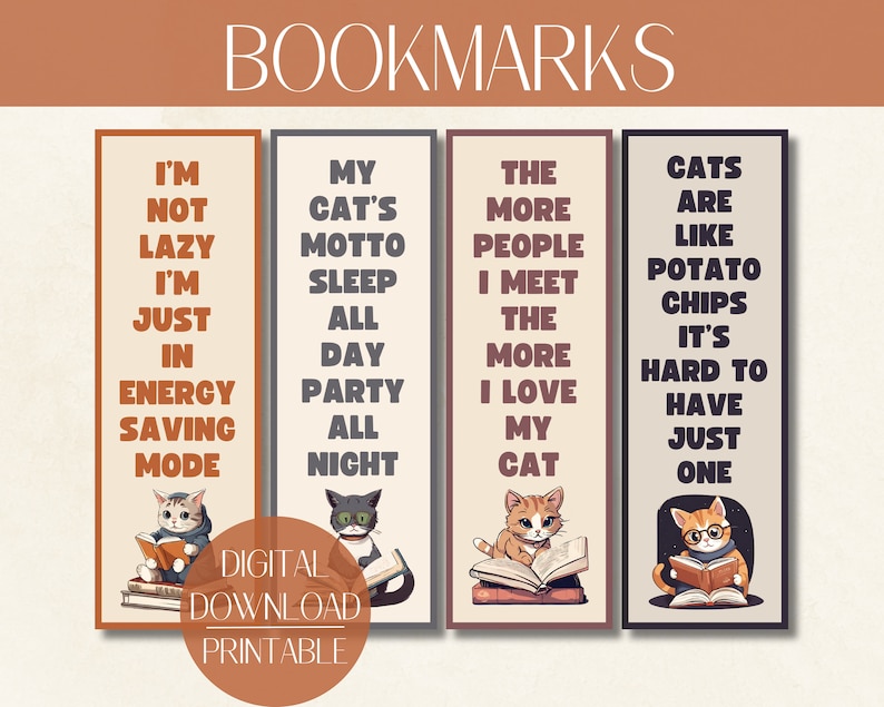 Cute Bookmarks Printable Bookmark Cat Bookmark Funny Bookmark Digital ...