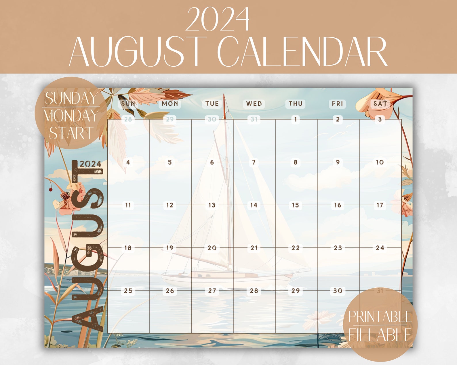 August 2024 Calendar Printable Fillable August Calendar 2024 Summer ...