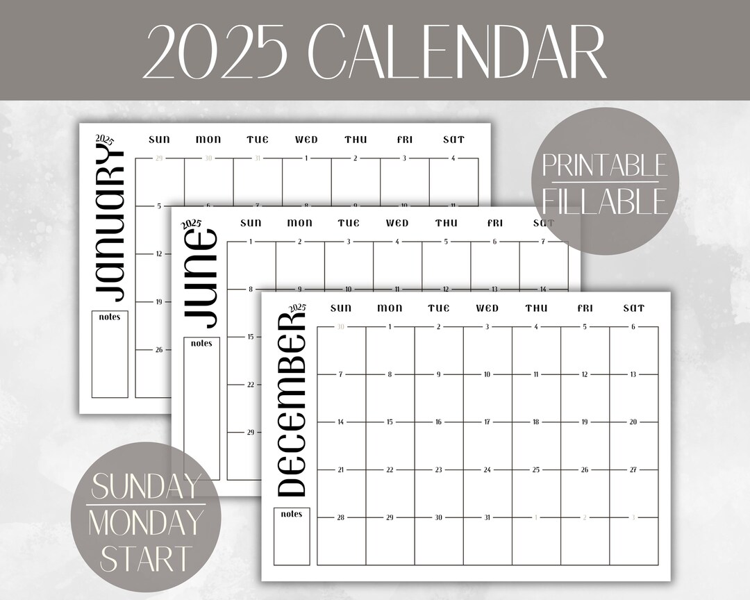 2025 Calendar Printable Fillable 2025 Calendar 2025 Minimal Calendar ...