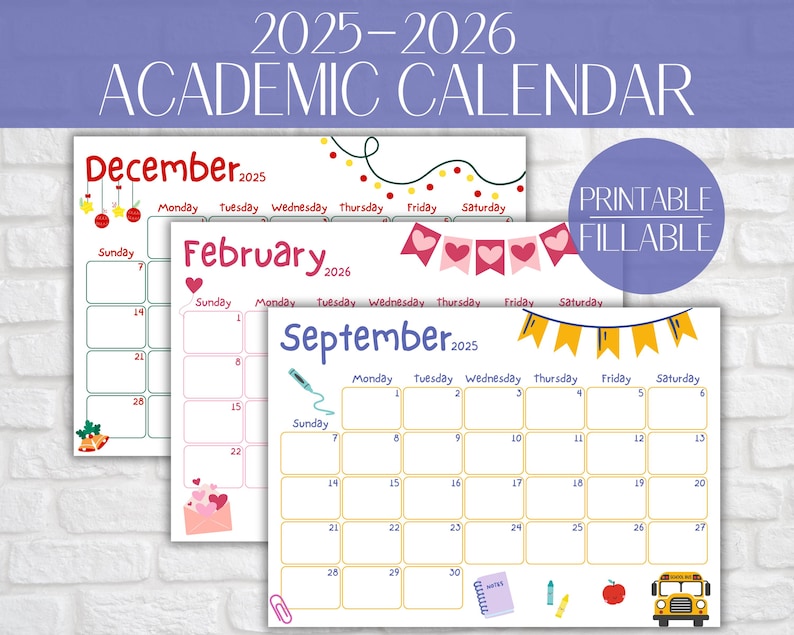 2025-2026 School Calendar Printable: Fillable Academic Planner (digital ...