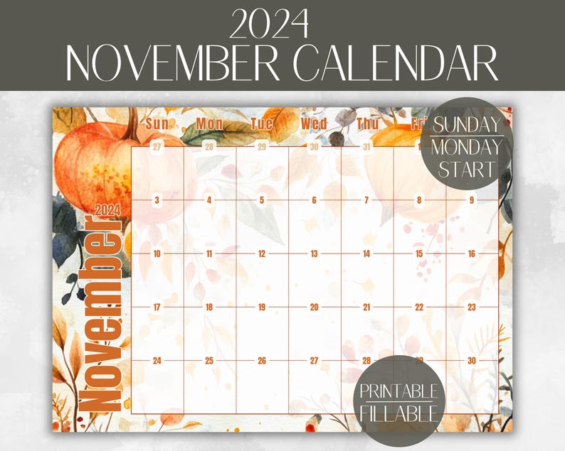 November 2024 Calendar Printable Fillable November Calendar November ...
