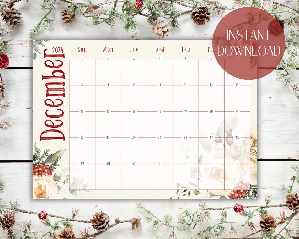 December 2024 Calendar Printable Fillable December Calendar December ...