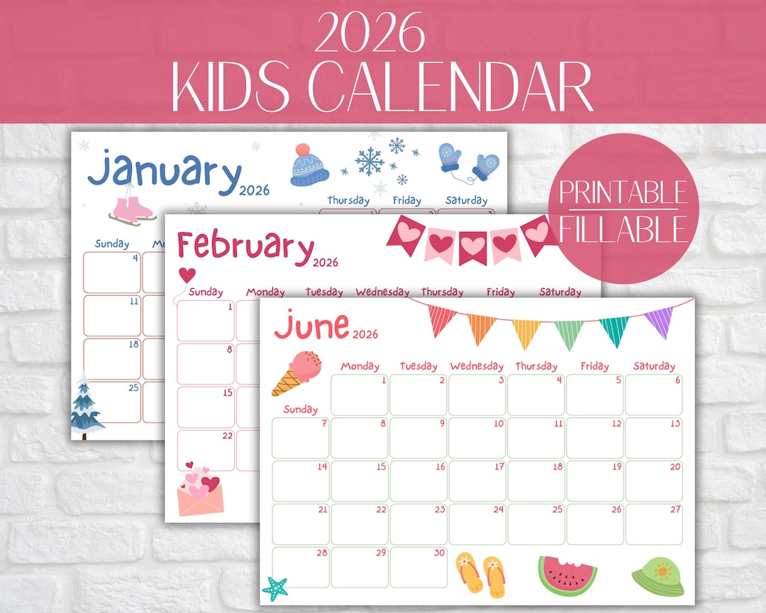 2026 Kids Printable Calendar | Colorful Monthly Planner for Children ...
