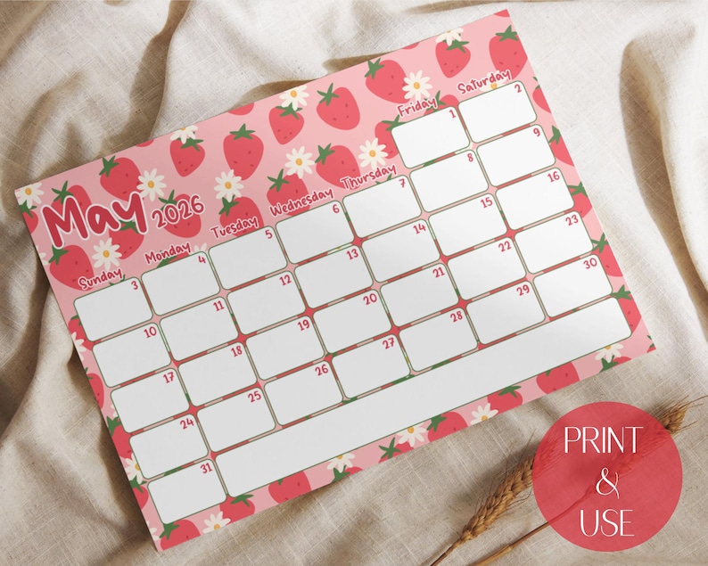 May 2026 Printable Calendar | Strawberry Daisy Floral Planner (digital ...
