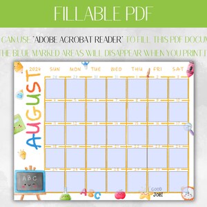 August 2024 Calendar Printable Fillable August Calendar Back to School ...