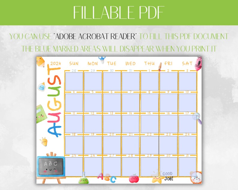 August 2024 Calendar Printable Fillable August Calendar Back to School ...