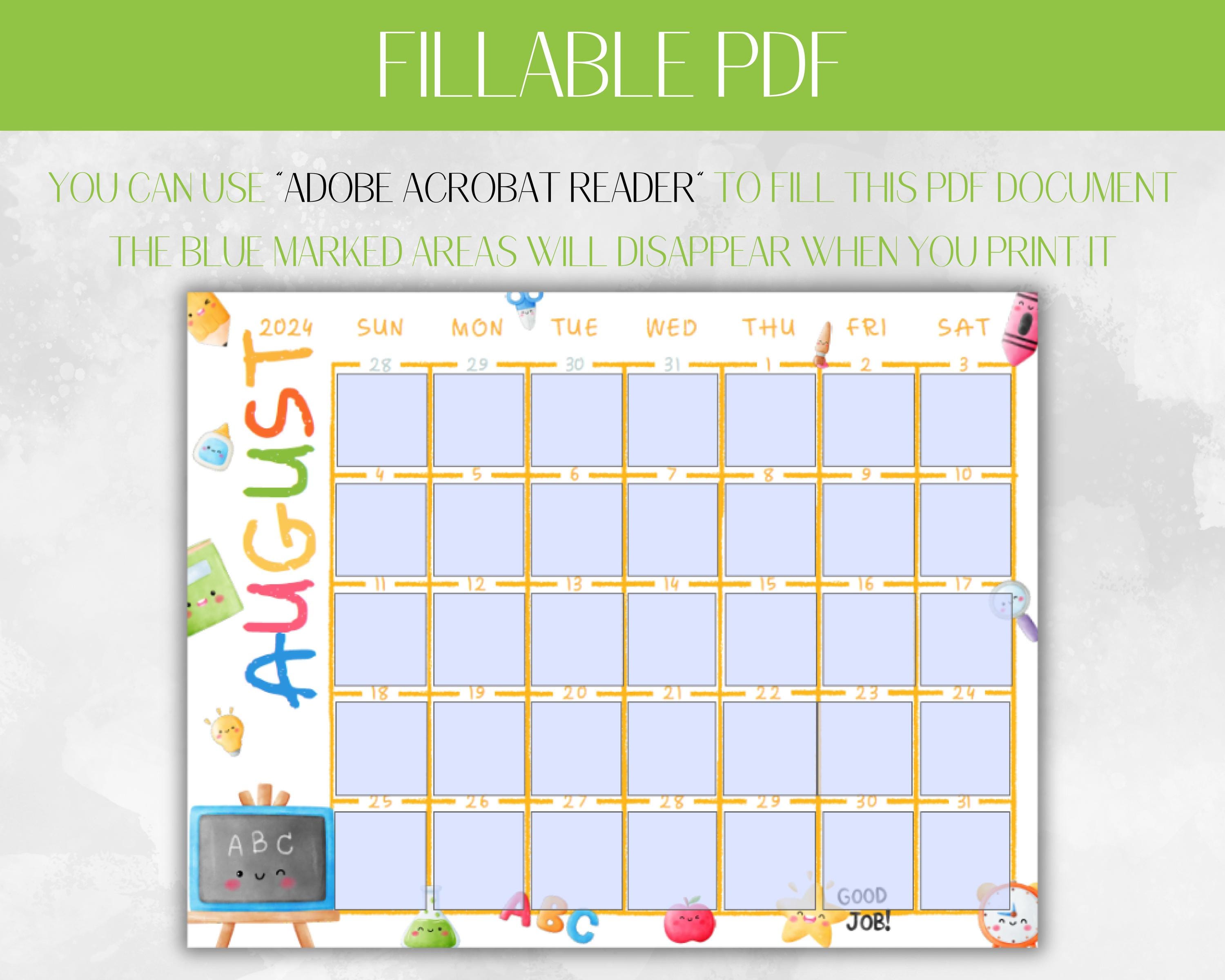 August 2024 Calendar Printable Fillable August Calendar Back to School ...