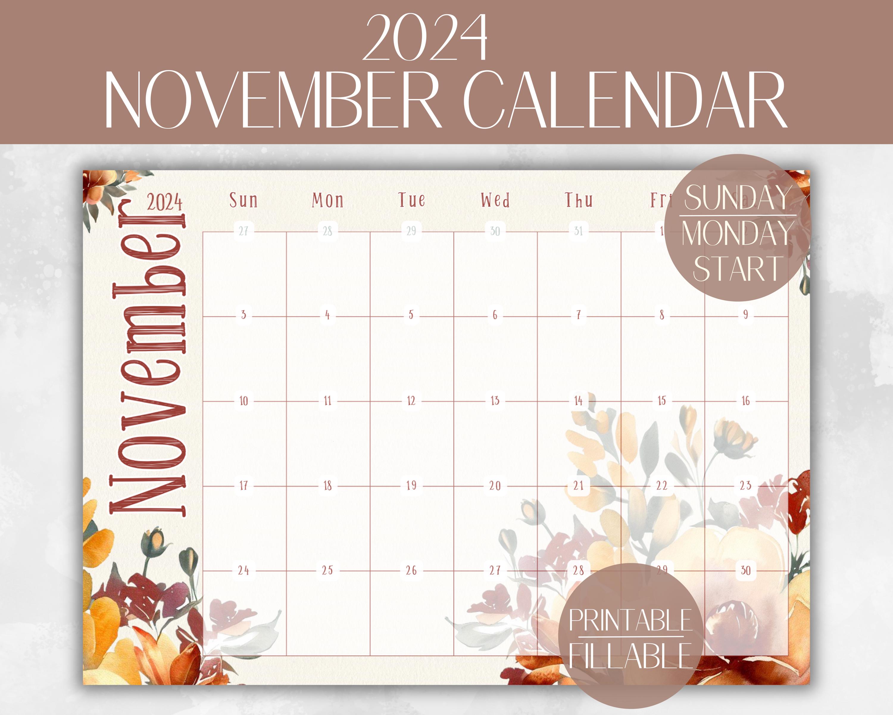 November 2024 Calendar Printable Fillable November Calendar November ...