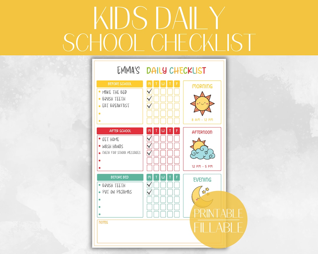 Kids Daily School Checklist Printable Fillable Kids Chore Chart Kids ...