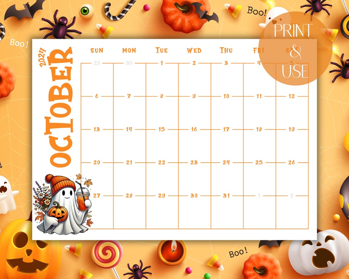 October 2024 Calendar Printable Fillable October Calendar Halloween ...