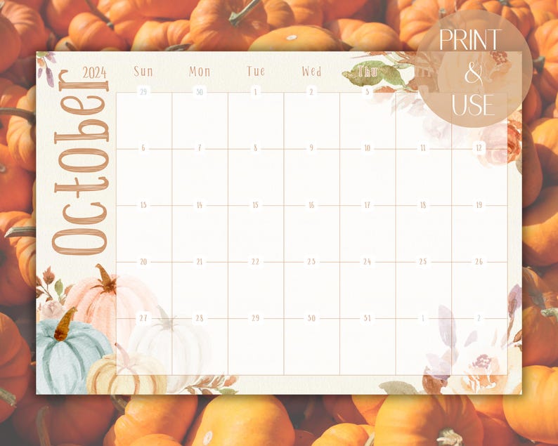October 2024 Calendar Printable Fillable October Calendar 2024 Autumn ...