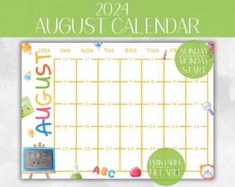 August 2024 Calendar Printable Kids Calendar 2024 Fillable Calendar ...
