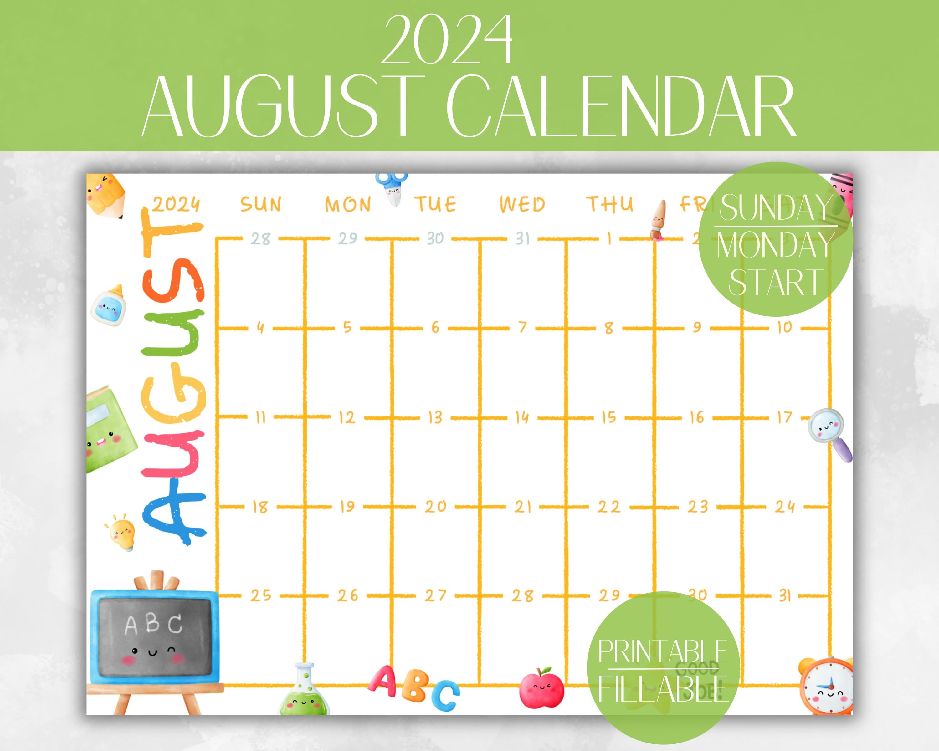 August 2024 Calendar Printable Fillable August Calendar Back to School ...