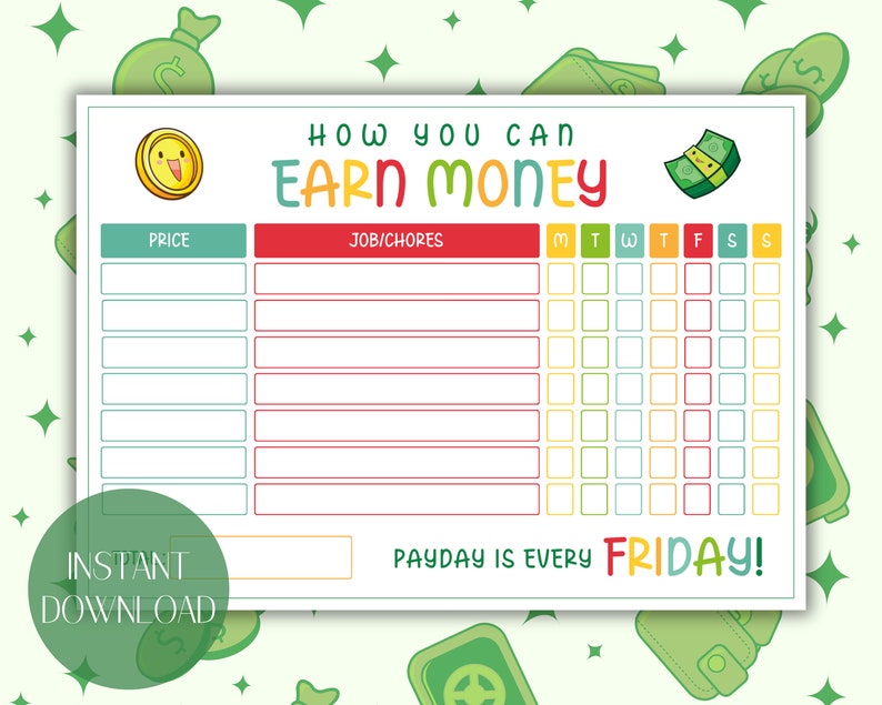 Kids Chore Chart: Printable Money Tracker, Allowance Chart (fillable ...