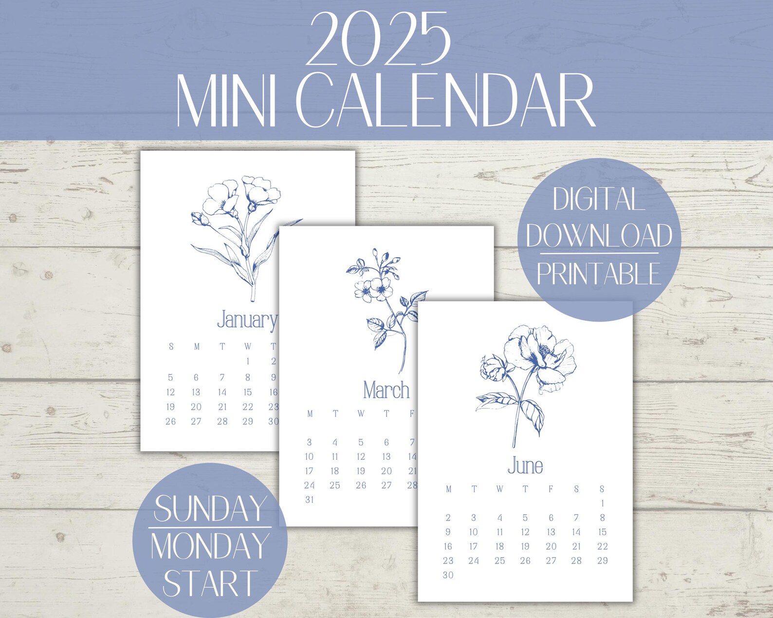 Mini Calendar 2025 Printable Floral Calendar 2025 Printable Desk ...