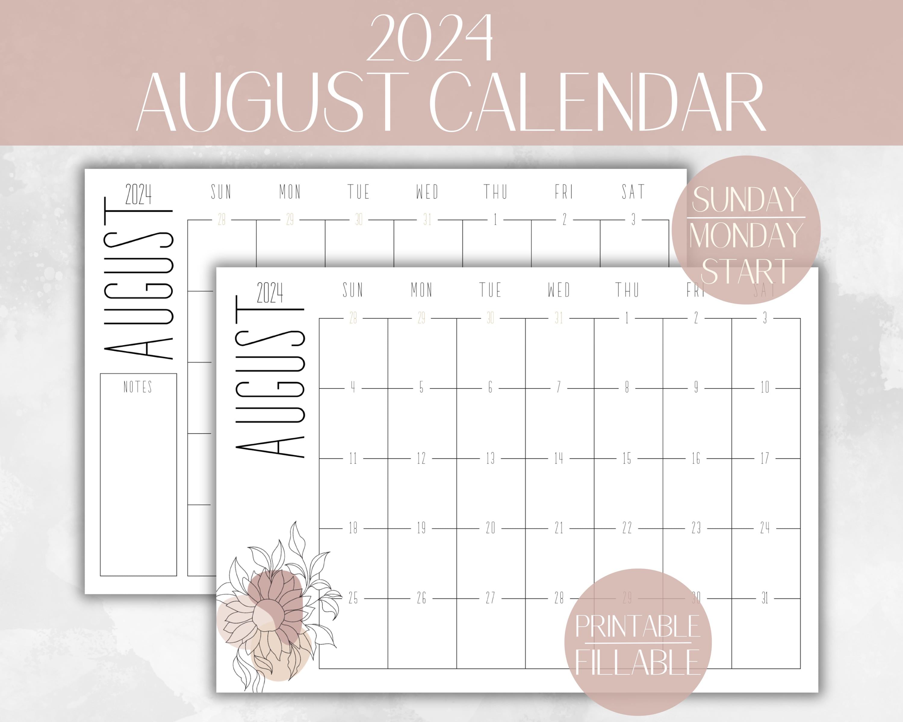 August 2024 Calendar Printable Fillable August Calendar 2024 Summer ...