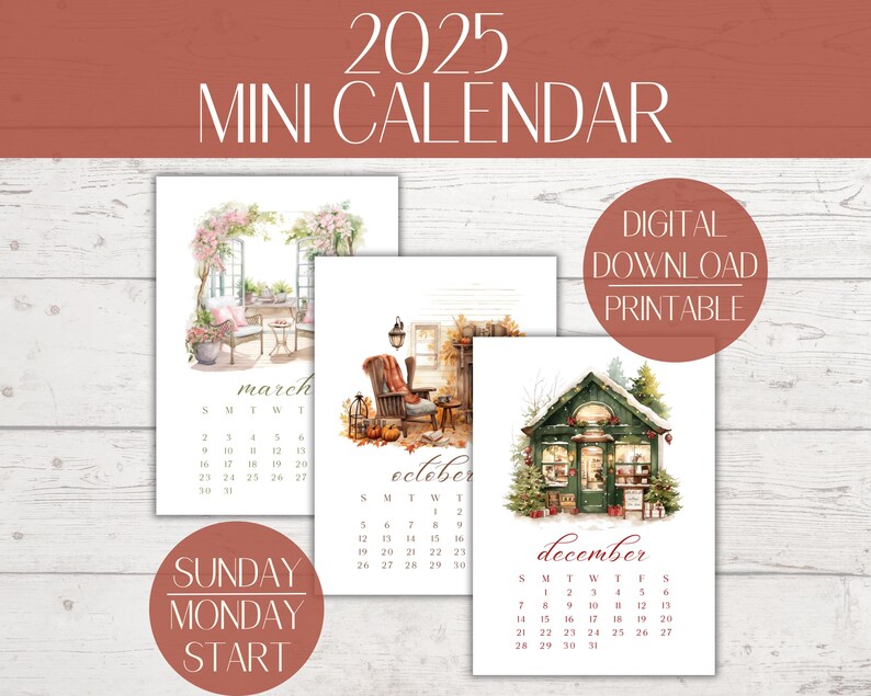 Watercolor Mini Calendar 2025: Printable Desk or Wall (5x7) (digital ...