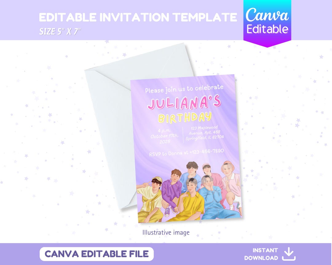 BTS Invitation Editable Canva Template Birthday Ideas Printable 5x7 ...