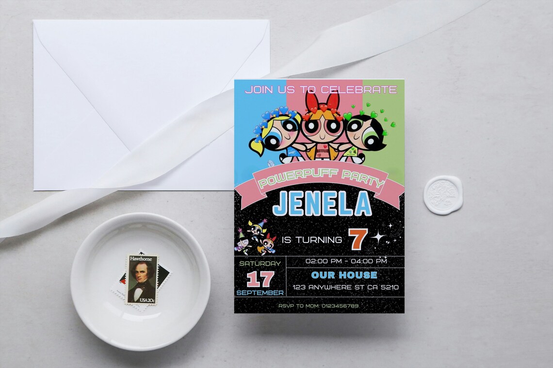 Cartoon Power Invitation Cartoon Invitation Girls Birthday Invitation ...