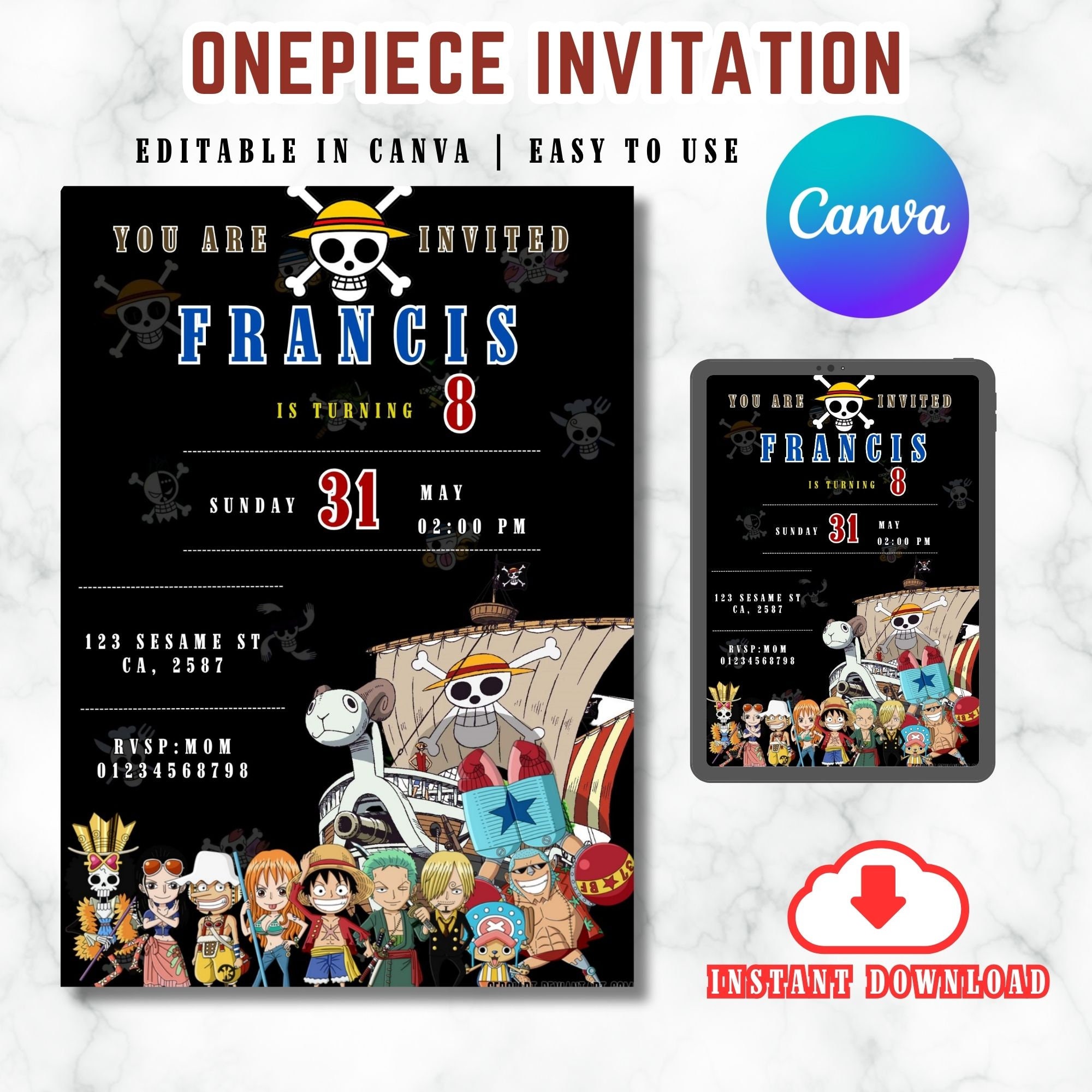 Anime Manga Invitation Anime Invitation Strawhat Birthday Invitation ...
