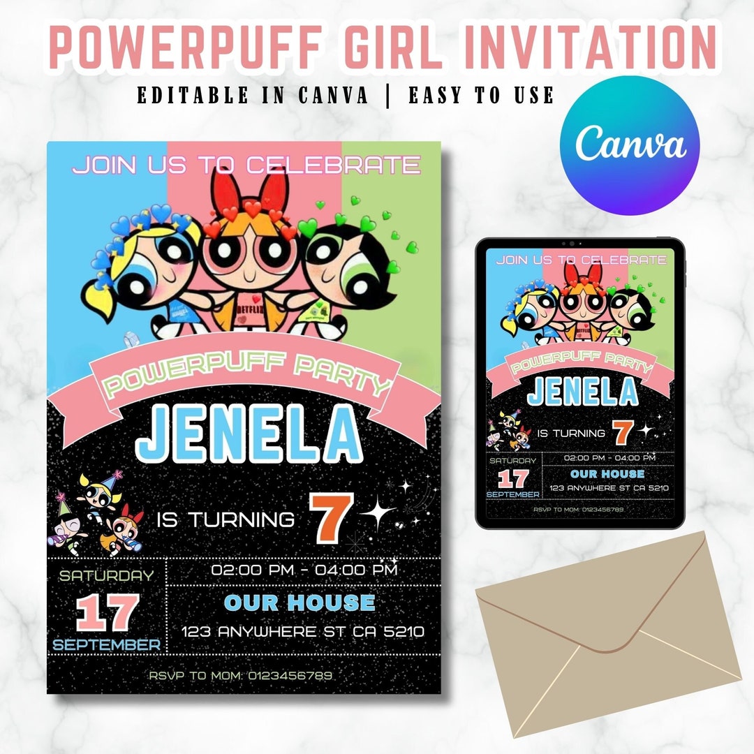 Cartoon Power Invitation Cartoon Invitation Girls Birthday Invitation ...