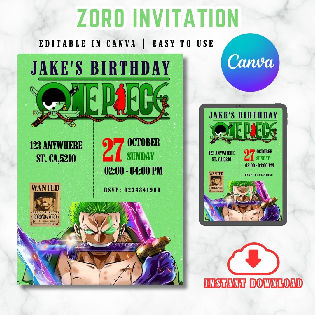 Anime Manga Invitation Anime Invitation Zoro Birthday Invitation ...