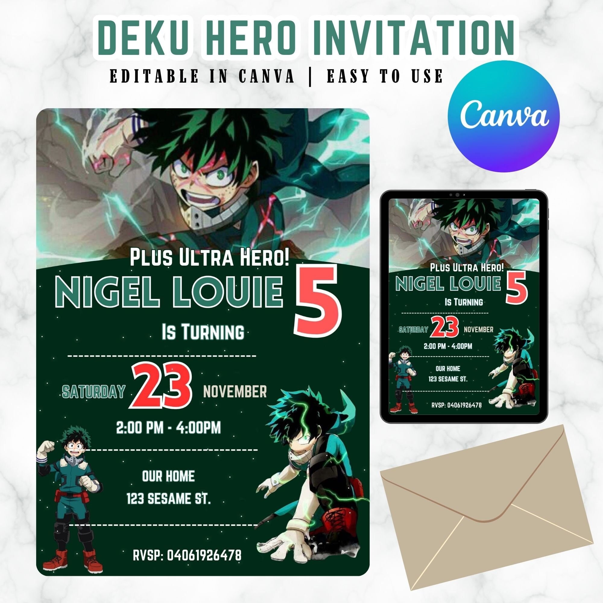 Manga Invitation Anime Invitation Hero Classa Deku Birthday Invitation ...