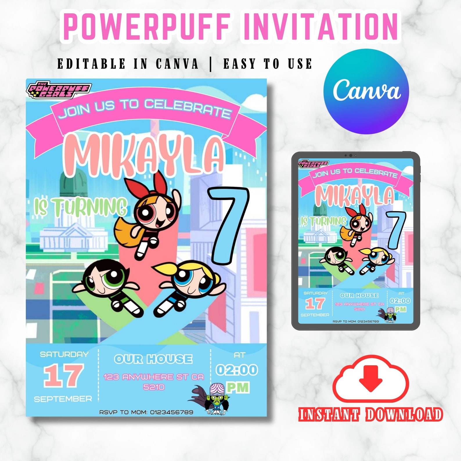 Cartoon Power Invitation Cartoon Invitation Girls Birthday Invitation ...