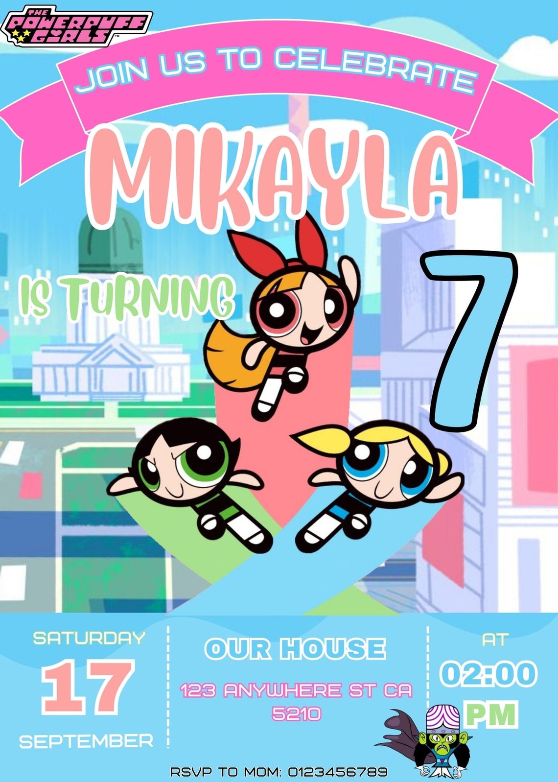 Cartoon Power Invitation Cartoon Invitation Girls Birthday Invitation ...