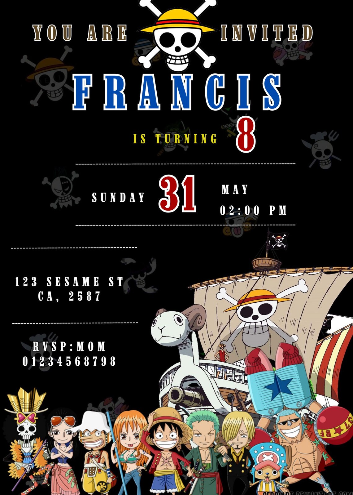 Anime Manga Invitation Anime Invitation Strawhat Birthday Invitation ...