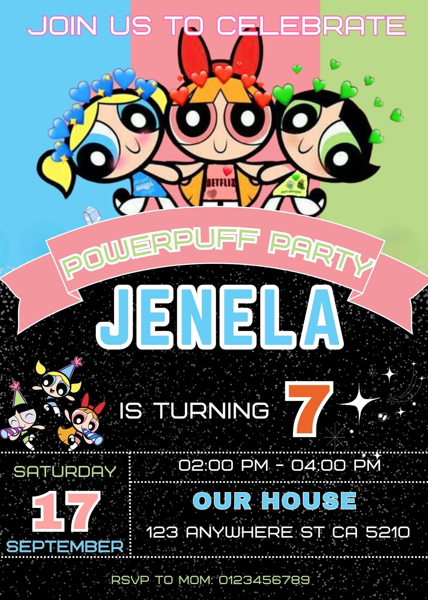 Cartoon Power Invitation Cartoon Invitation Girls Birthday Invitation ...