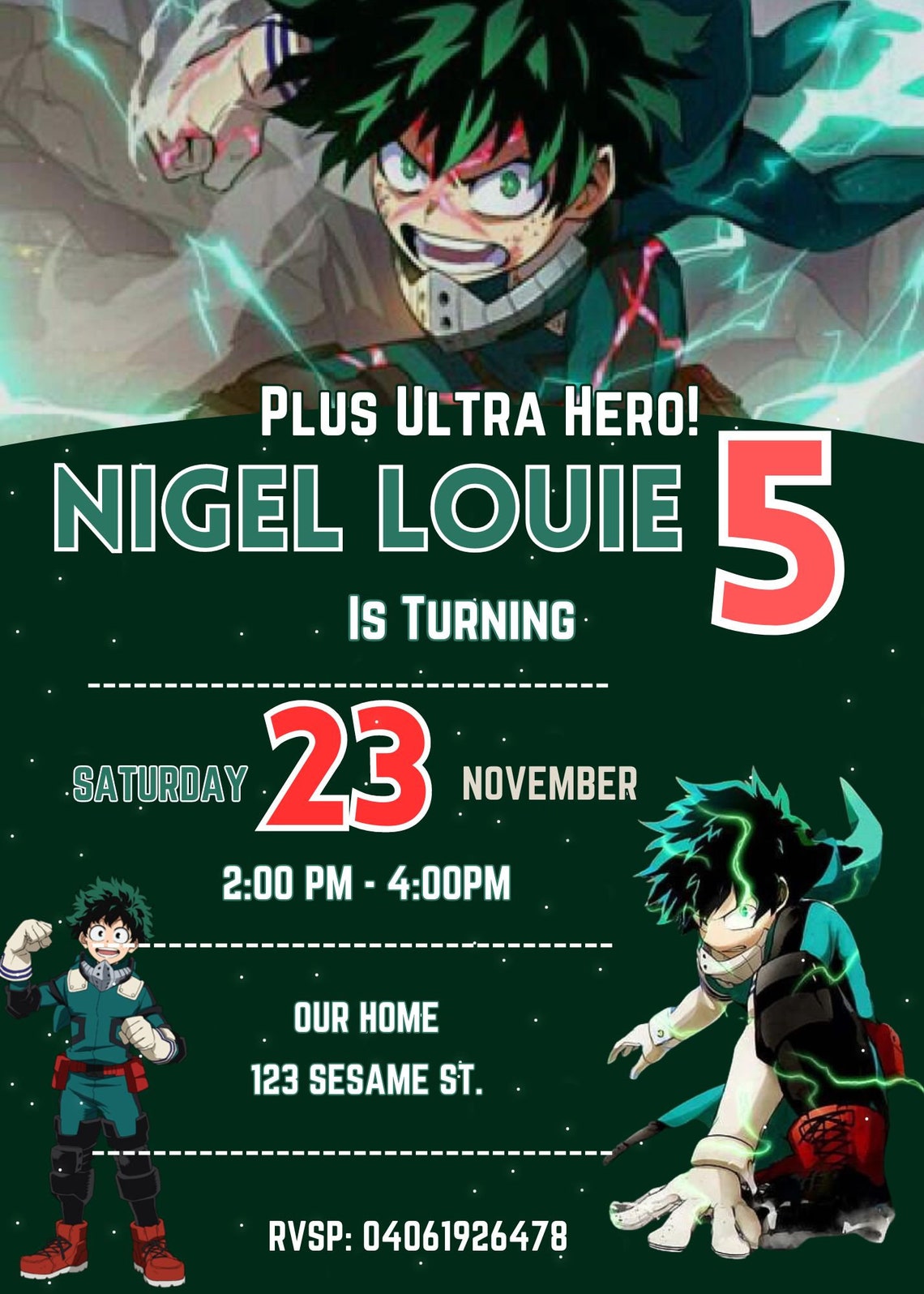 Manga Invitation Anime Invitation Hero Classa Deku Birthday Invitation ...
